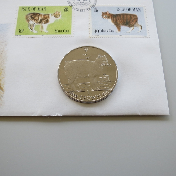 1989 Manx Cats Isle Of Man 1 Crown Coin Cover IOM Post Office First