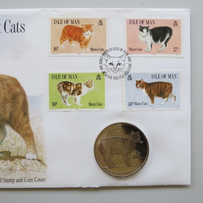 1989 Manx Cats Isle Of Man 1 Crown Coin Cover IOM Post Office First